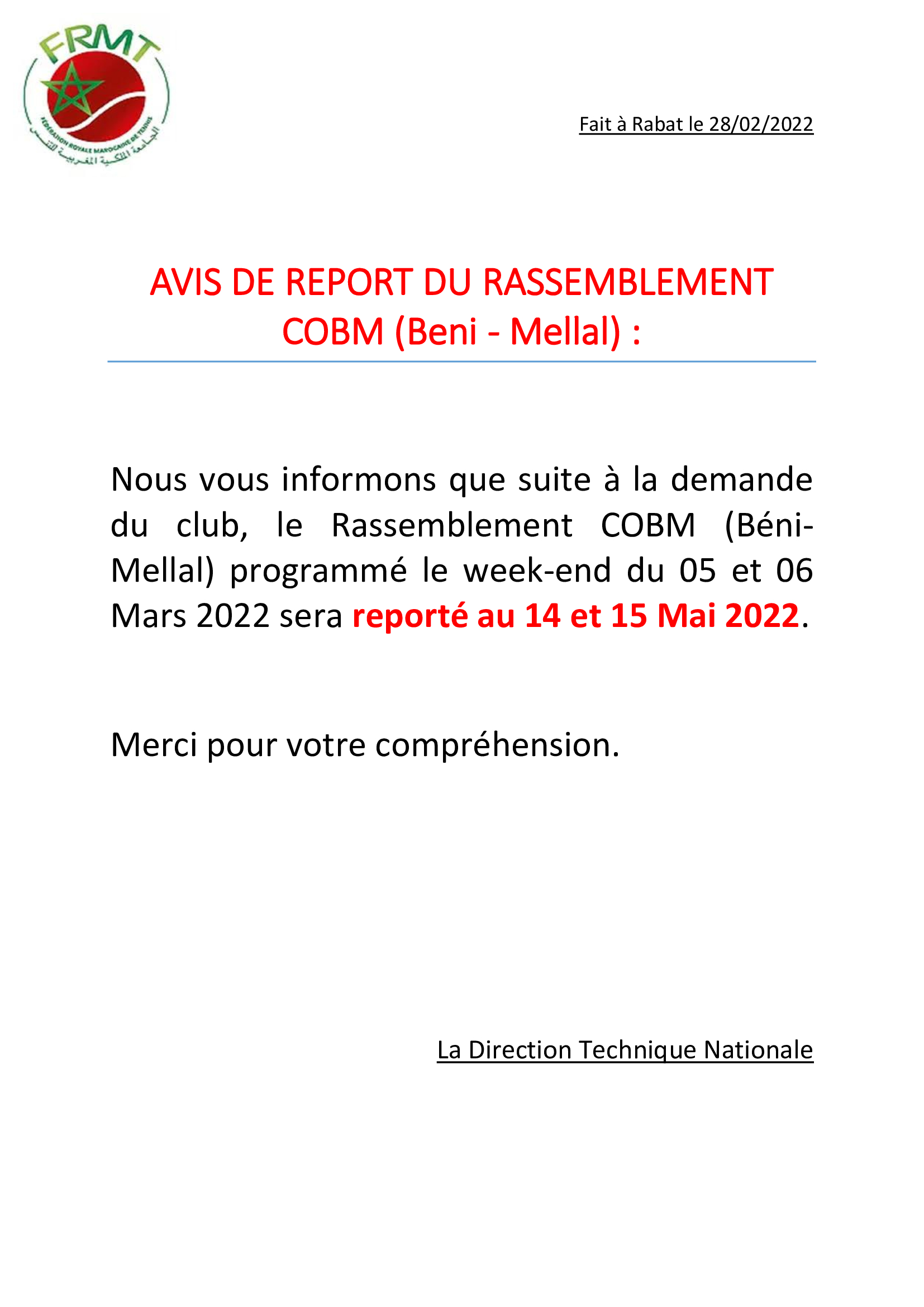 AVIS report Rassemblement COBM – FRMT