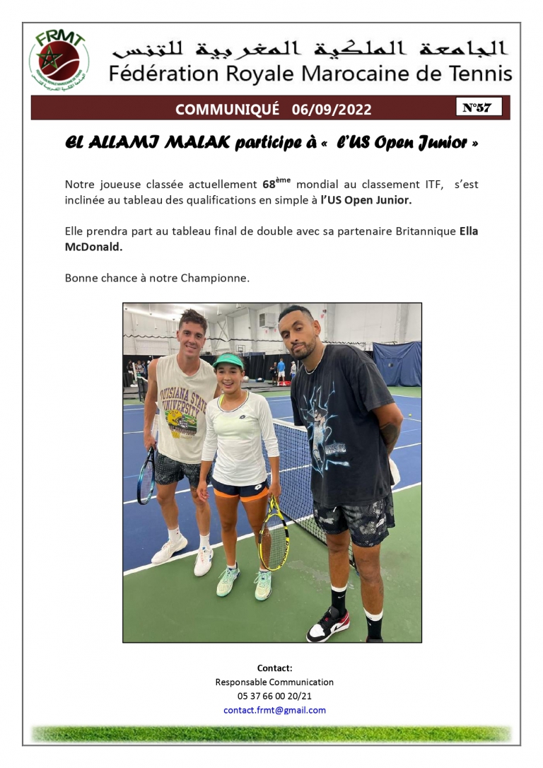 Participation Malak El Allami à l’US Open Junior – FRMT