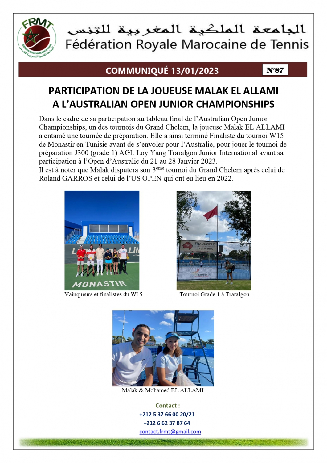 Participation de la Joueuse Malak El Allami à l’Australian Open Junior ...