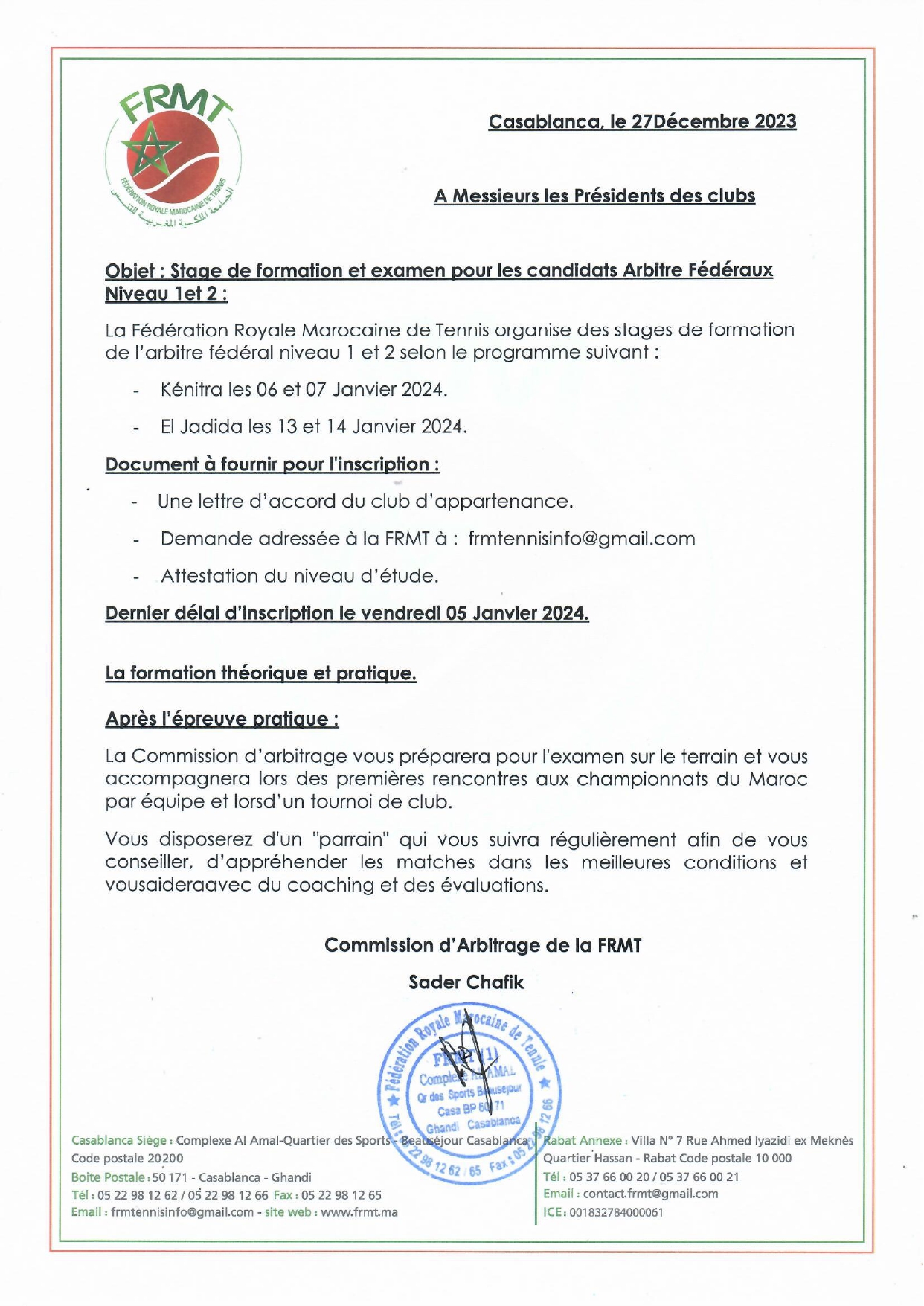 Formation de l’Arbitre Fédéral Niveau 1 et 2 – FRMT