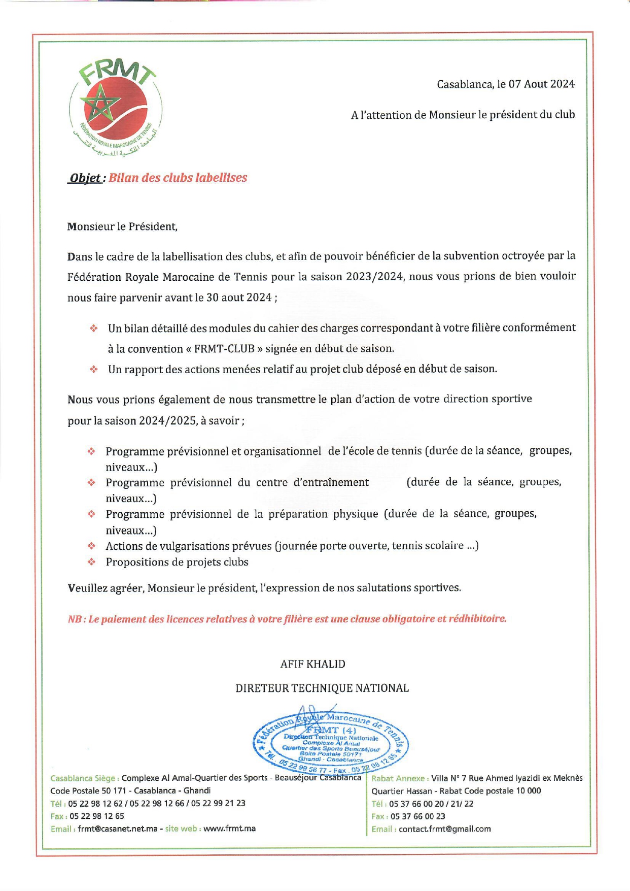 Courrier : Bilan des Clubs labellisés – FRMT