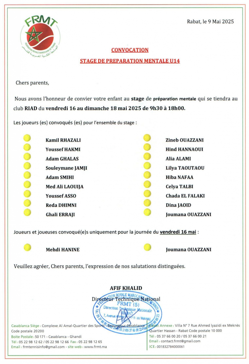 Convocation stage de préparation mentale U14 – FRMT