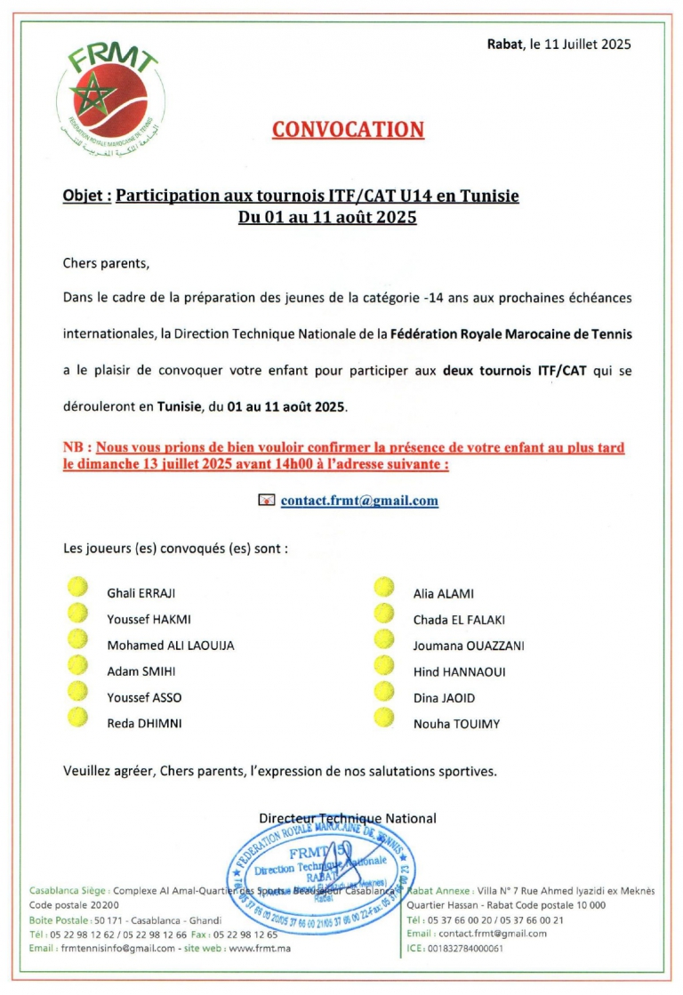 Convocation: Participation aux tournois ITF-CAT U14 en TUNISIE du 01 au ...