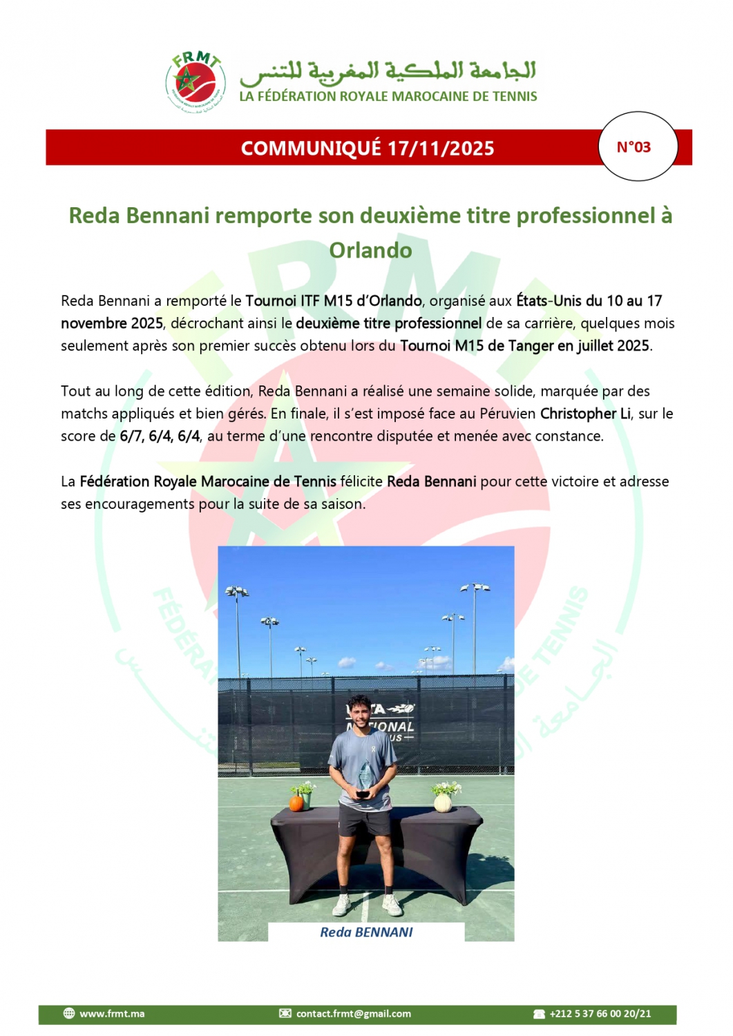 Reda Bennani remporte son deuxième titre professionnel à Orlando – FRMT
