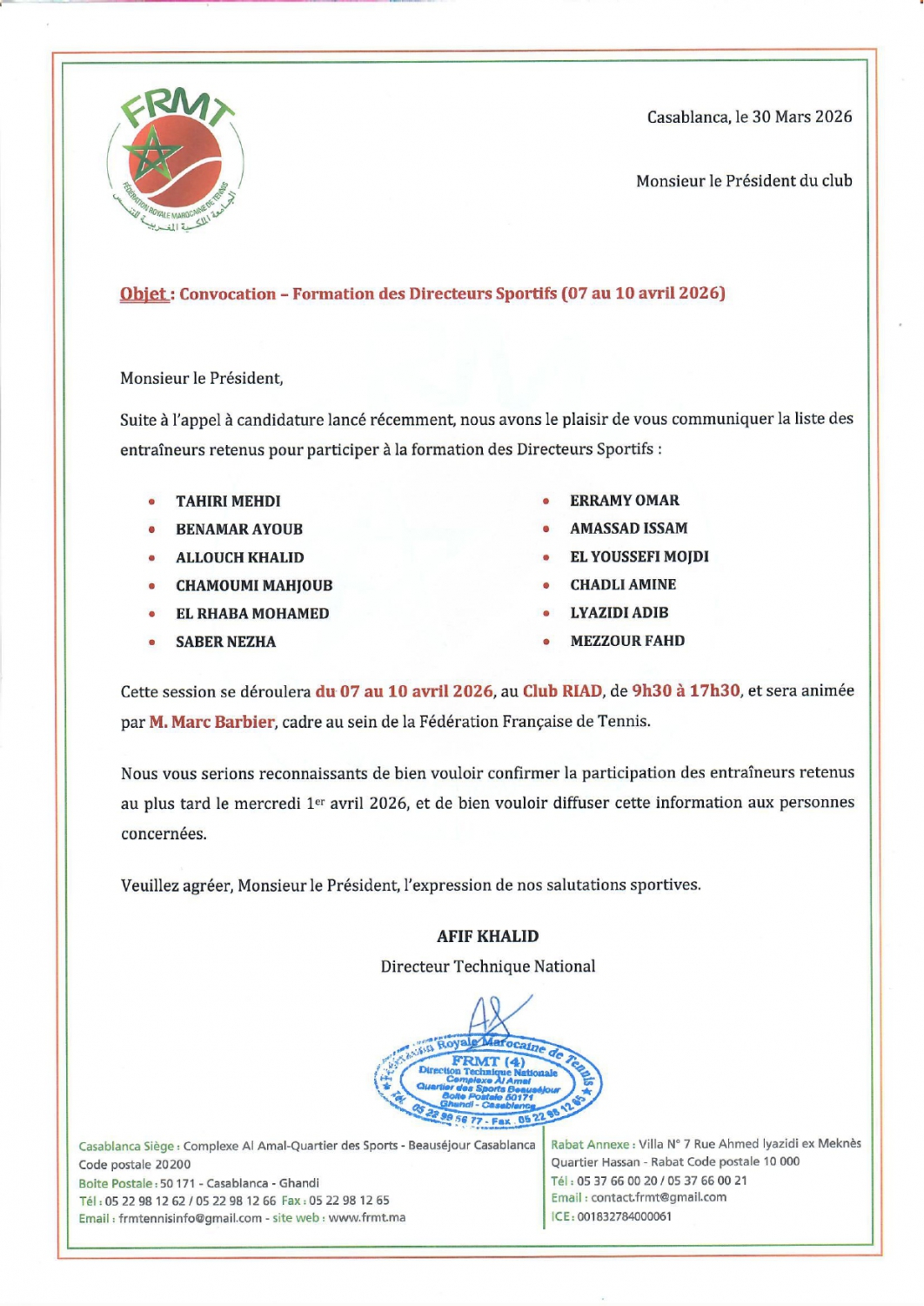 Convocation : Formation des directeurs sportifs – FRMT