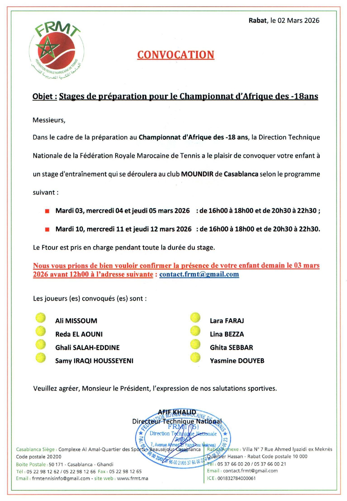 Stages de préparation pour le Championnat d’Afrique des U18 – FRMT